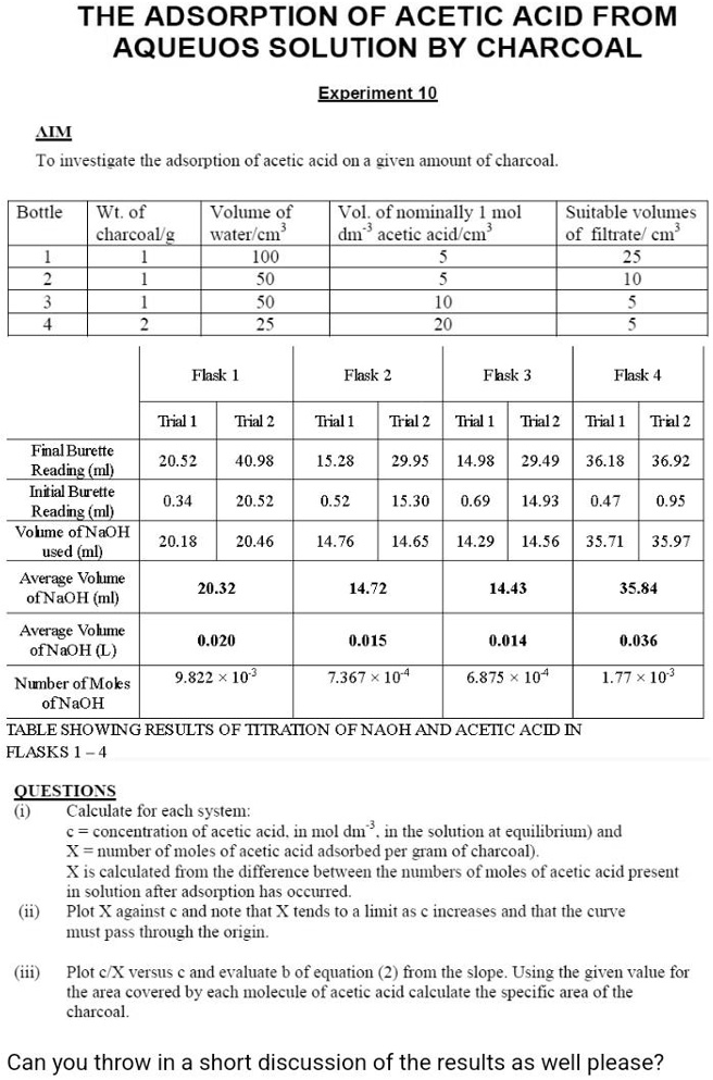 SOLVED: THE ADSORPTION OF ACETIC ACID FROM AQUEOUS SOLUTION BY CHARCOAL ...