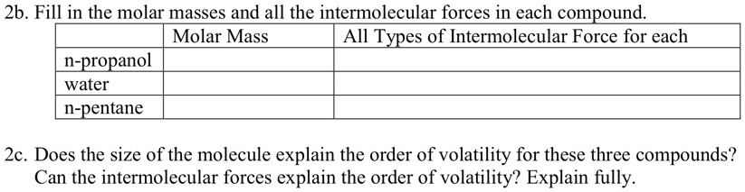 2b fill in the molar masses and all the intermolecular forces in each ...