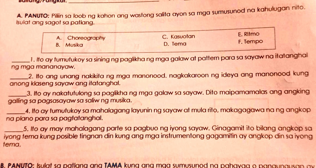 SOLVED: A PANUTO: Piin sa loob ng kahon ang wastong salita ayon sa mga sumusunod na kahulugan ...
