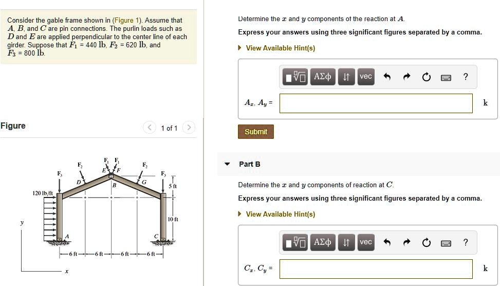 Consider the gable frame shown in (Figure 1). Assume that A, B, and C ...