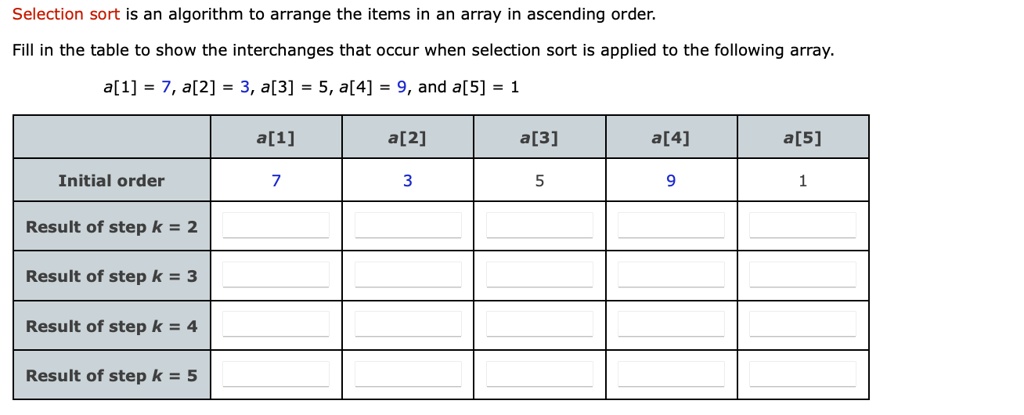 Solved Selection Sort Is An Algorithm To Arrange The Items In An Array In Ascending Order Fill 5319