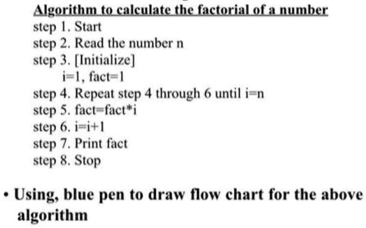 Algorithm to calculate the factorial of a number step 1. Start step 2. Read the number n step 3 ...