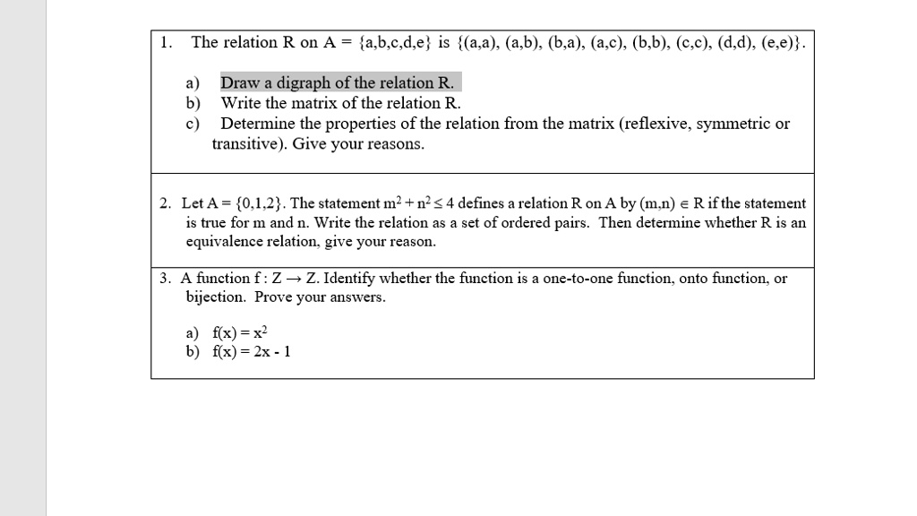 SOLVED: The relation R on A {a,b,c,d,e} is {(a,a), (a,b), (6,a), (a,c), (6,b), (c,c), (d,d), (e ...