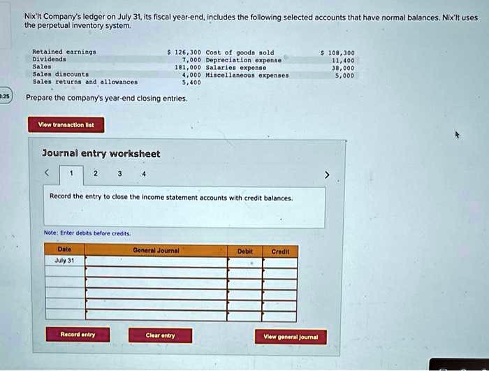 SOLVED: Nix It Company's ledger on July 31,its fiscal year-end,includes ...