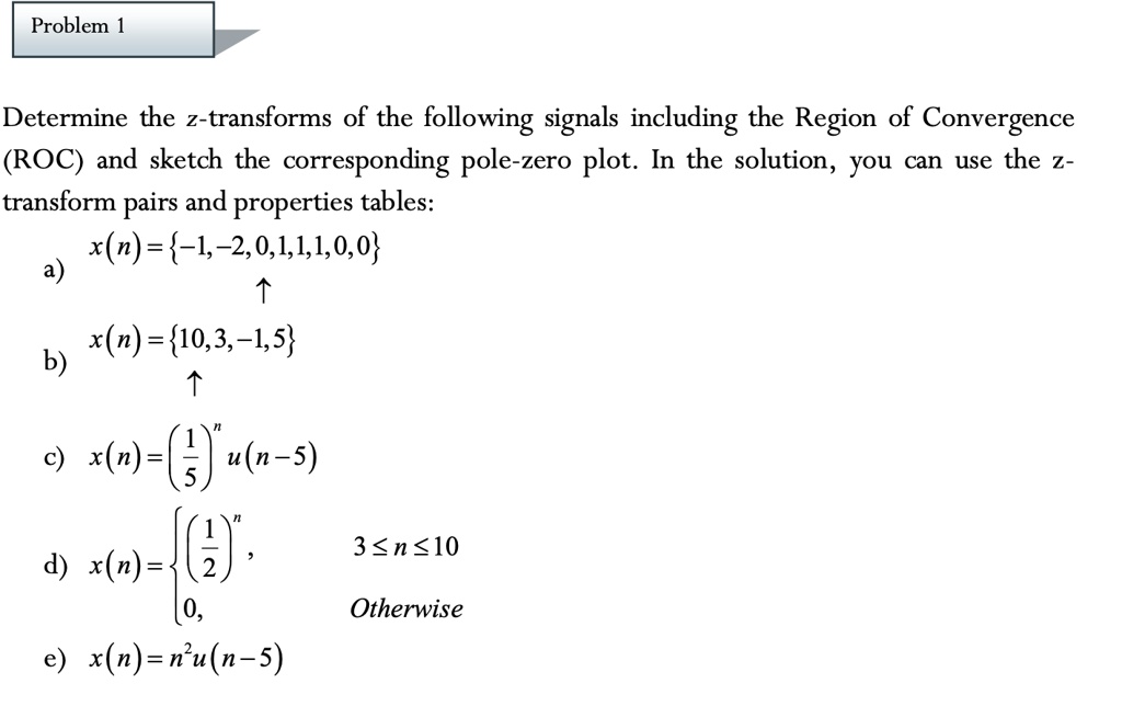 SOLVED: Problem 1 Determine the z-transforms of the following signals, including the Region of ...