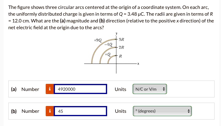 The figure shows three circular arcs centered at the origin of a coordinate system. On each arc ...