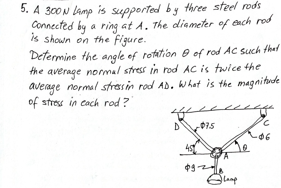 5. A 300N Lamp is supported by three steel rods Connected by a ring at ...