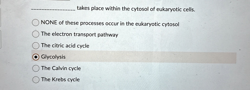 takes place within the cytosol of eukaryotic cells. NONE of these ...
