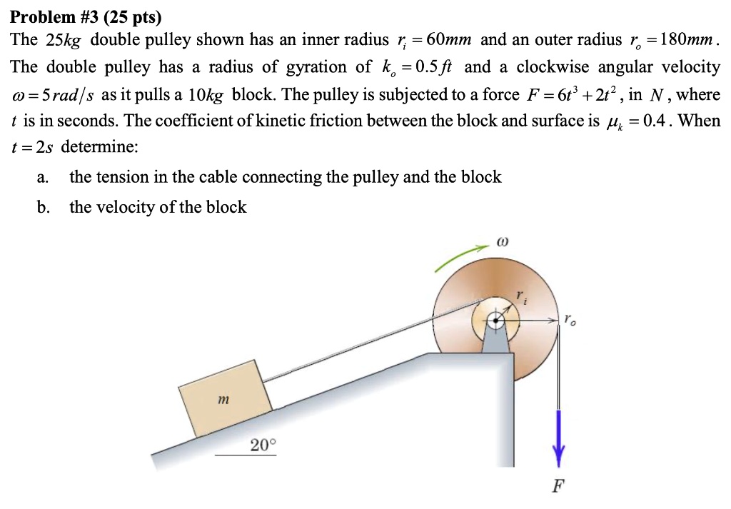 SOLVED: Problem #3 (25 pts) The 25kg double pulley shown has an inner radius r1 = 60mm and an ...