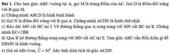 Solved Bà I 1 Cho Tam Giác Abc Vuông Tại A Gá I M Là Trung Ä‘iá
