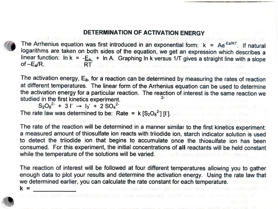 SOLVED: DETERMINATION OF ACTIVATION ENERGY The Arrhenius equation was ...