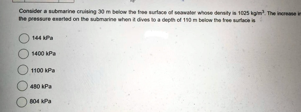 SOLVED: Consider a submarine cruising 30 m below the free surface of ...