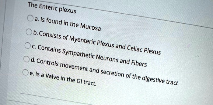 SOLVED: The Enteric plexus is found in the Mucosa. It consists of ...
