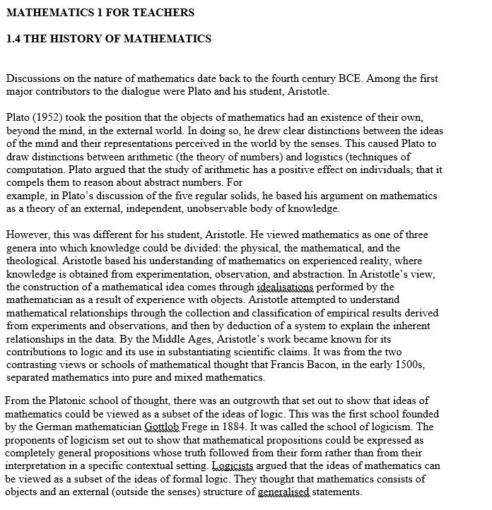 SOLVED: MATHEMATICS FOR TEACHERS 1.4 THE HISTORY OF MATHEMATICS ...