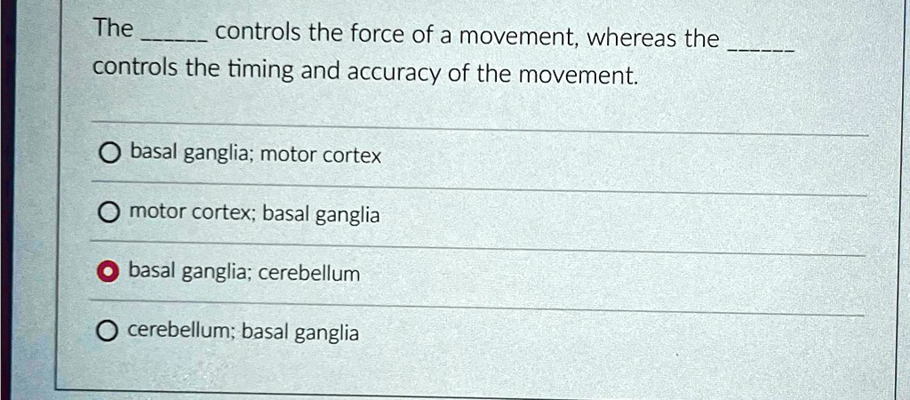 the basal ganglia controls the force of a movement whereas the motor ...