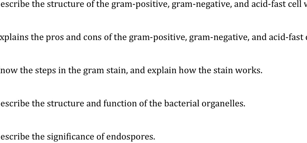 Describe the structure of the gram-positive, gram-negative, and acid ...