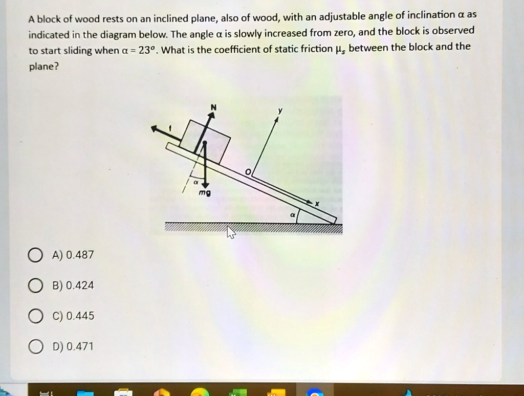 A block of wood rests on an inclined plane, also of wood, with an ...