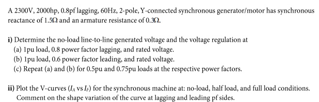 A 2300V, 2000hp, 0.8pf lagging, 60Hz, 2-pole, Y-connected synchronous generator/motor has ...