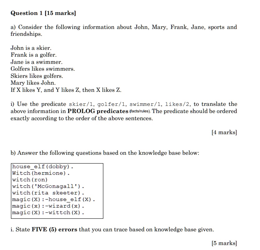 Question 1 [15 marks] a) Consider the following information about John, Mary, Frank, Jane ...