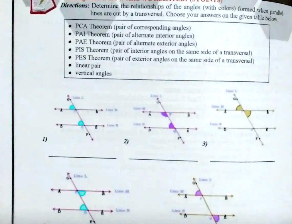 Directions: Determine the relationships of the angles (with colors ...