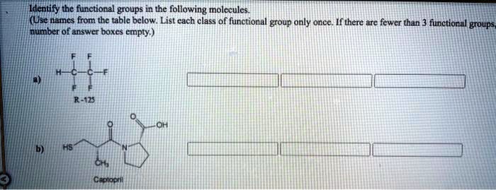 SOLVED: Identify the functional groups in the following molecules. Use ...