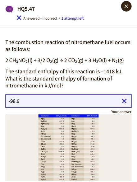 hq547 answered incorrect attempt leht the combustion reaction of ...