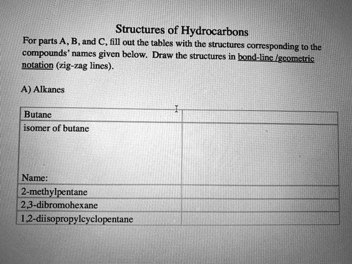 SOLVED: Structures of Hydrocarbons For parts A, B, and C, fill out the tables with the ...