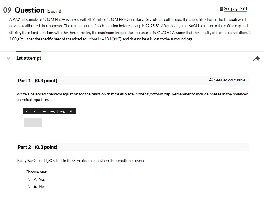 SOLVED: Part 3 (0.4 point) Calculate the enthalpy change per mole of H2SO4 in the reaction.