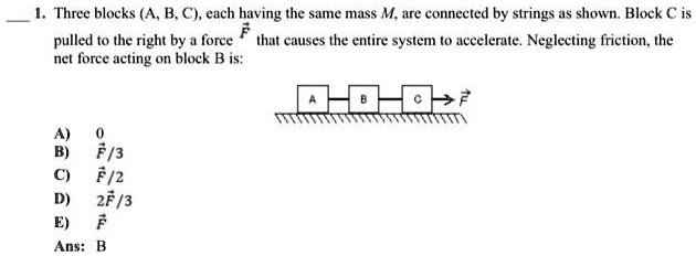 Three blocks (A, B, C) each having the same mass M, are connected by strings as shown. Block C ...