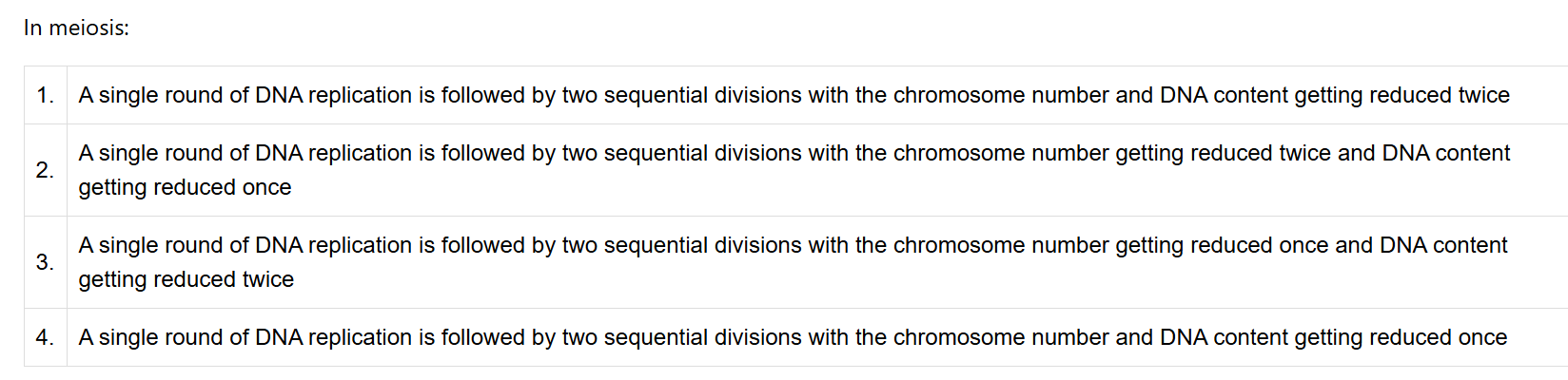 In meiosis: 1. A single round of DNA replication is followed by two ...