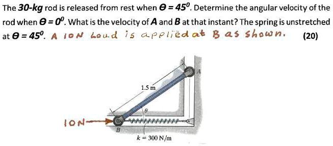 SOLVED: The 30-kg rod is released from rest when =45.Determine the angular velocity of the rod ...