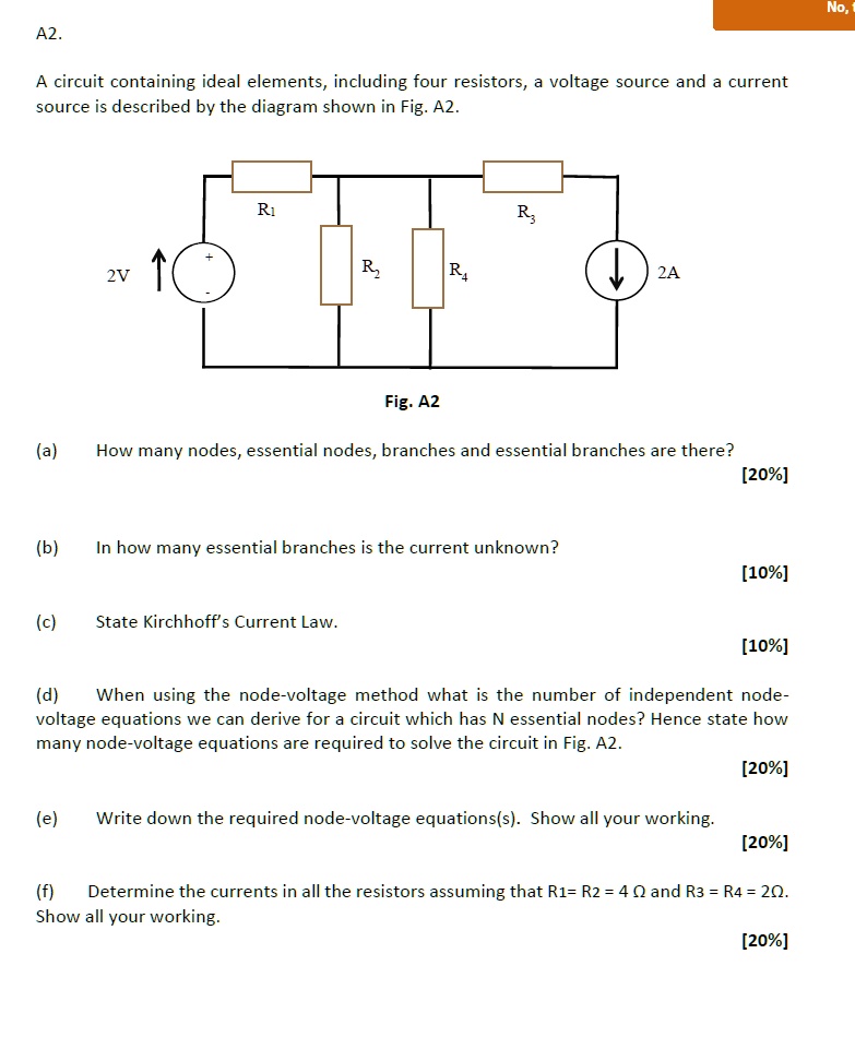 a2 a circuit containing ideal elements including four resistors a voltage source and a current ...