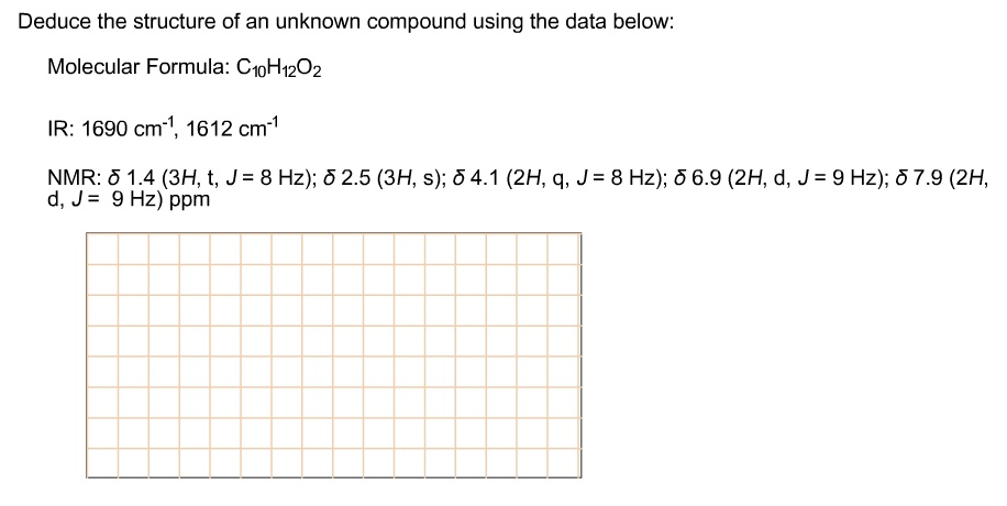 Deduce the structure of an unknown compound using the data below: Molecular Formula: C1H12O2 IR ...