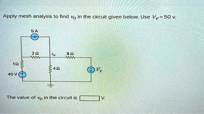 Apply mesh analysis to find vo in the circuit given below. Use Vy = 50 v. 5 A 2? vo 8? 1? 4? 40 ...