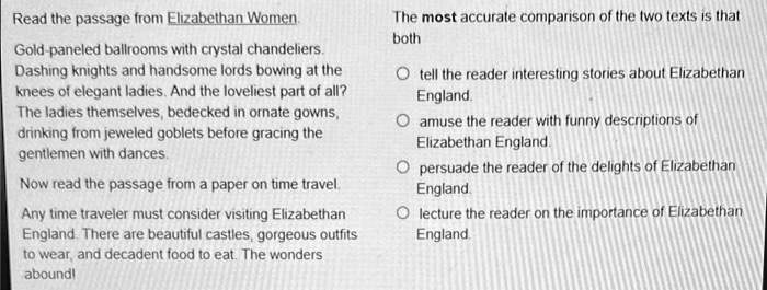 Read the passage from Elizabethan Women. Gold-paneled ballrooms with ...