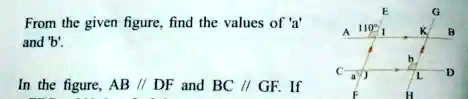 From the given figure, find the values of 'a' and 'b'. In the figure, AB // DF and BC // GF. If