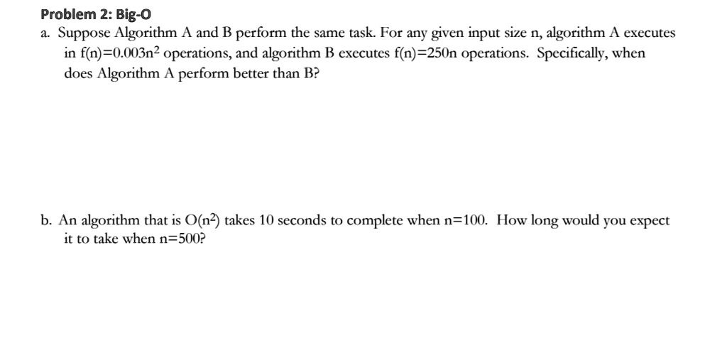 Solved Problem 2 Big O A Suppose Algorithm A And B Perform The Same Task For Any Given Input 3929