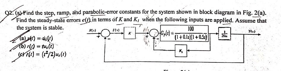 Q2. (a) Find the step, ramp, and parabolic-error constants for the system shown in block diagram ...