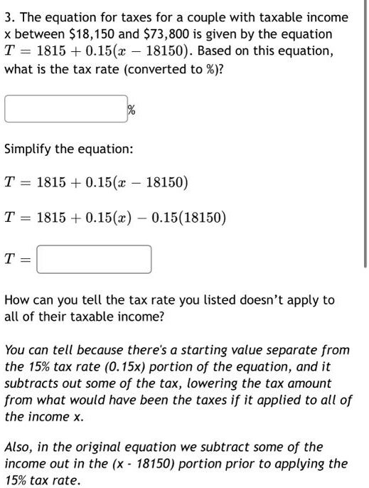 SOLVED: The equation for taxes for a couple with taxable income x ...