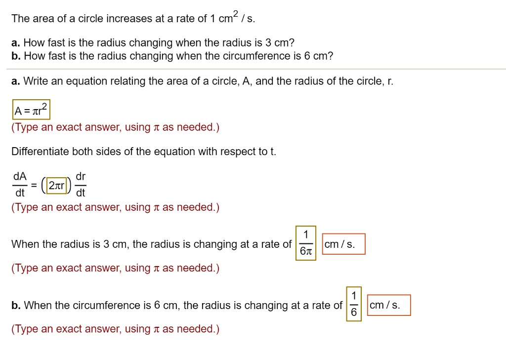 the area of a circle increases at a rate of 1 cm2 s a how fast is the ...