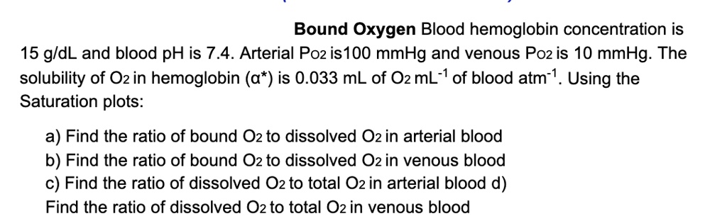 SOLVED: Bound Oxygen Blood hemoglobin concentration is 15 g/dL and ...