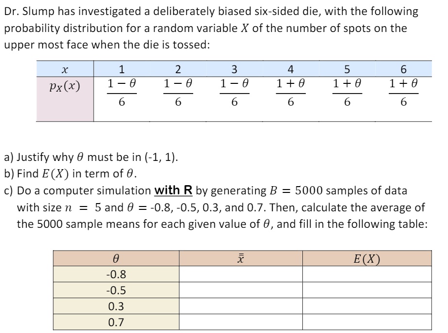 SOLVED: Dr. Slump has investigated a deliberately biased six-sided die ...