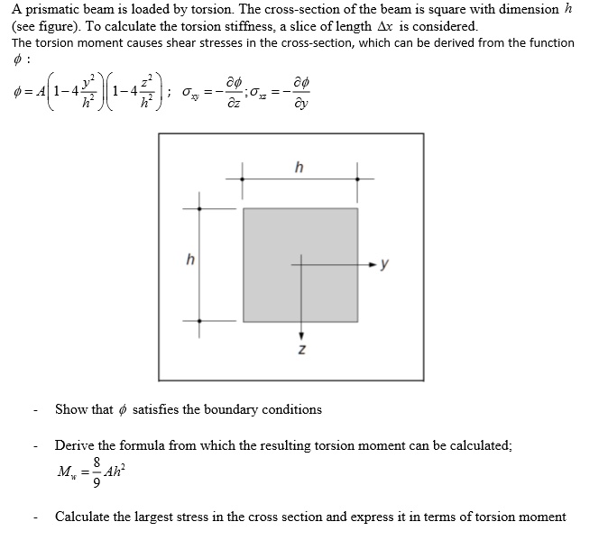 A prismatic beam is loaded by torsion. The cross-section of the beam is square with dimension h ...