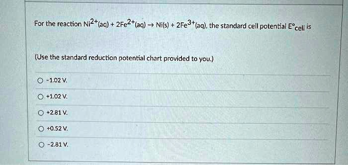 For the reaction Ni2+(aq) + 2Fe2+(aq) â†’ Ni(s) + 2Fe3+(aq), the ...