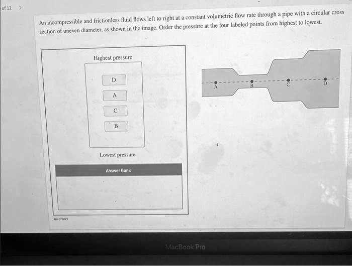 An incompressible and frictionless fluid flows left to right at a ...