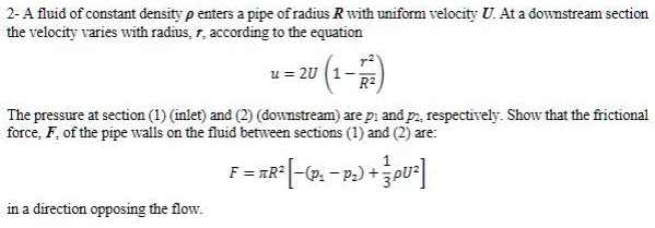 SOLVED: A fluid of constant density p enters a pipe of radius R with uniform velocity U. At a ...