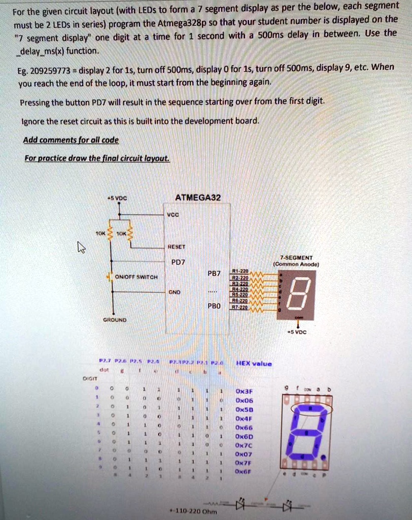 SOLVED: Code the following using C language. For the given circuit layout (with LEDs to form a 7 ...