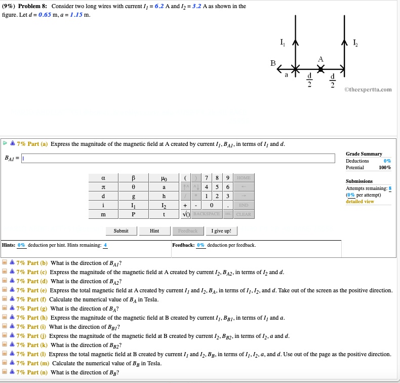 SOLVED: 5c) Problem amp;: Consider two long wires with current I1 = 6.2 ...