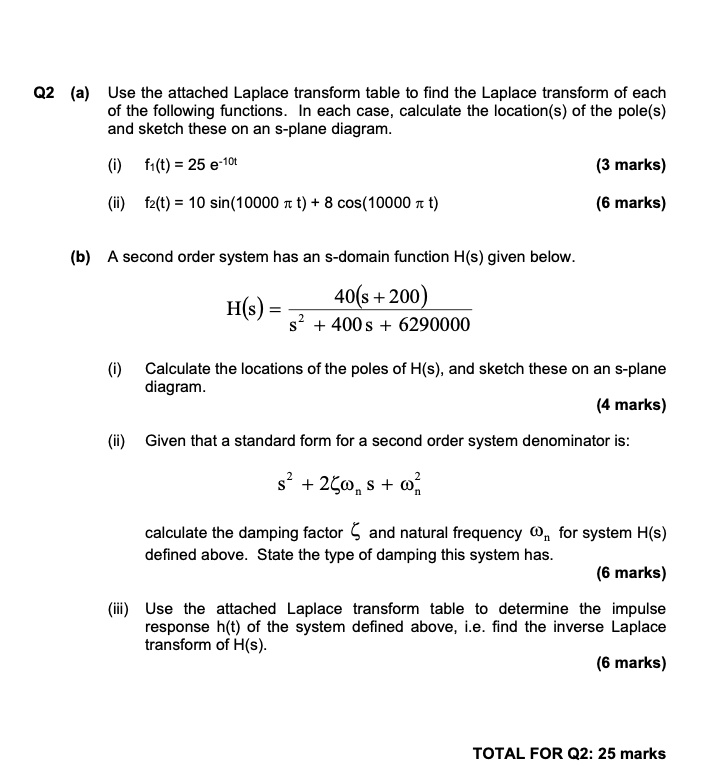 Q2 (a) Use the attached Laplace transform table to find the Laplace transform of each of the ...