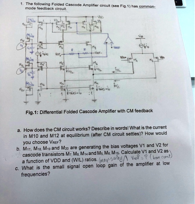 SOLVED: The following Folded Cascode Amplifier circuit (see Fig.1) has a common-mode feedback ...